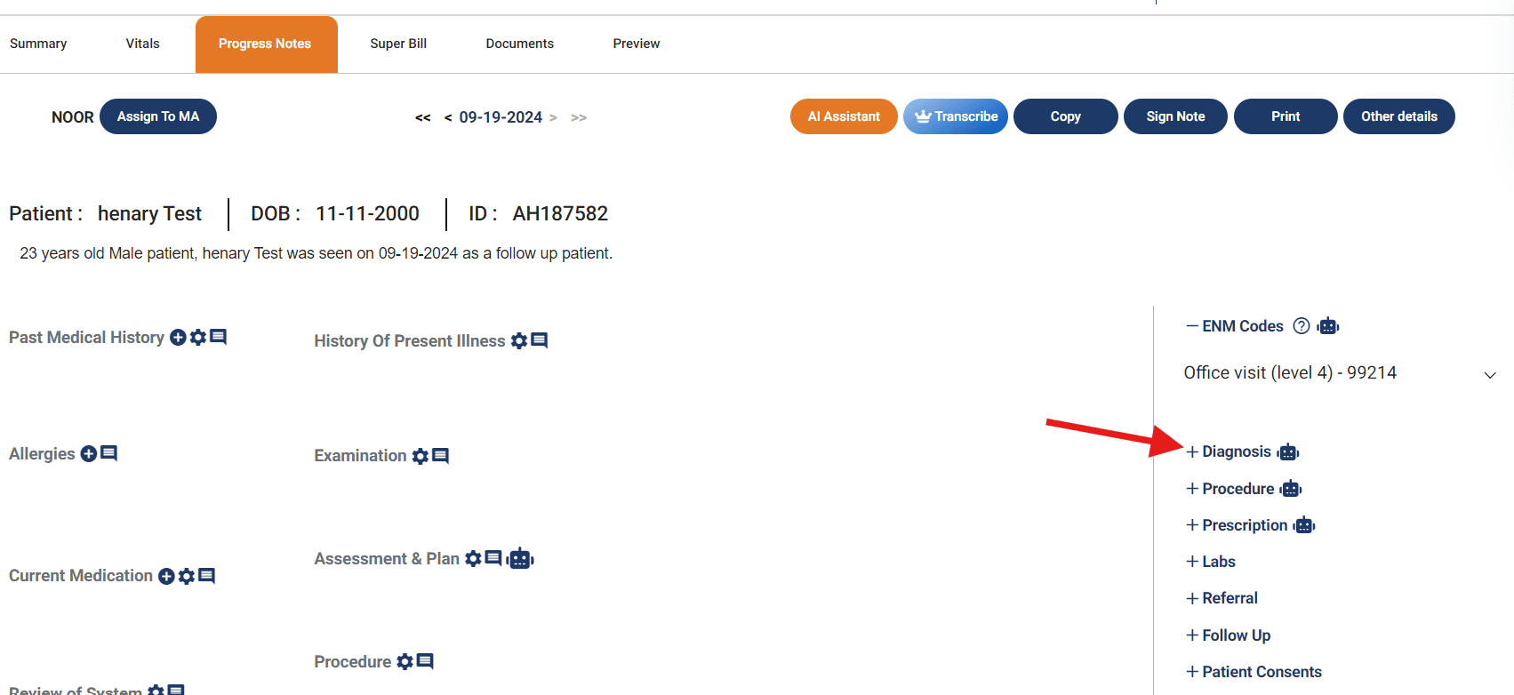 How to add diagnosis and procedure in progress note chart - LegendEHR
